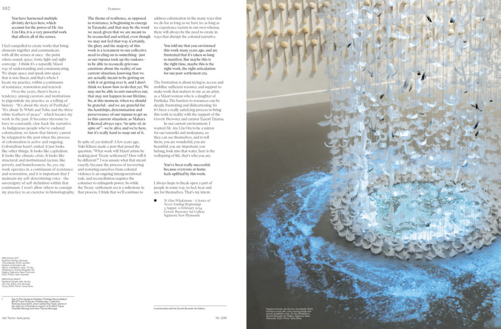 NGAHINA HOHAIA FEATURED IN ART NEWS WITH HE ARA URU ORA SHOWN AT GOVETT ...